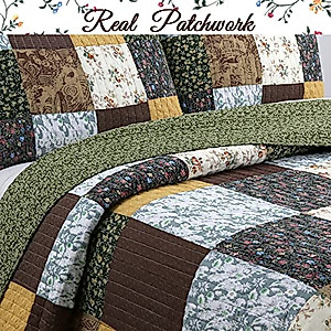 Cozy Line Home Fashions Andy Mustard Yellow Country Farmhouse Real Patchwork Quilt Bedding Set, 100% Cotton Reversible Coverlet, Bedspread (Brown Olive, King - 3 Piece)