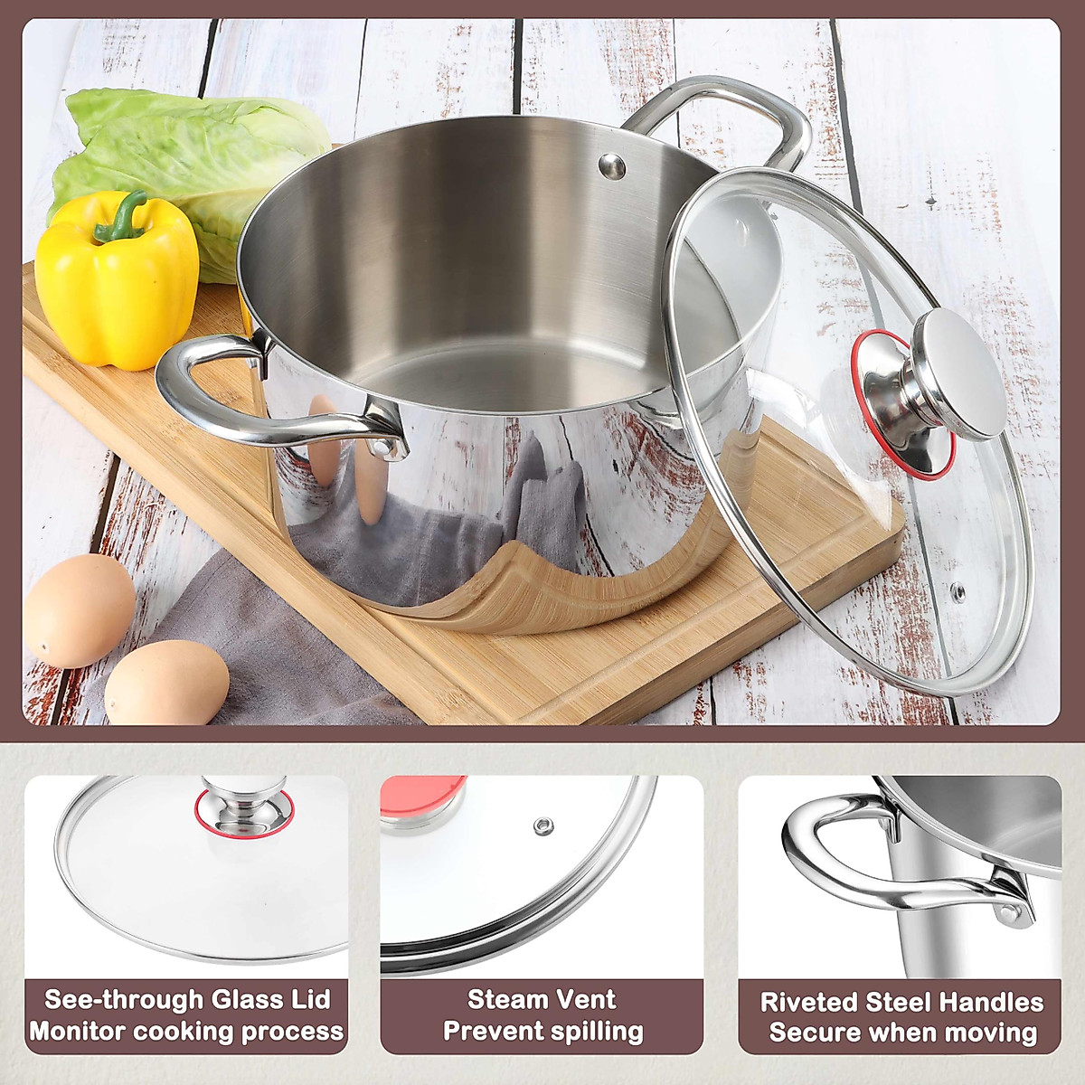 Herogo 8 Quart Stock Pot, 18/10 Stainless Steel Cooking Pot with Lid, 8 QT Pasta Pot with Handles, Tri-Ply Stockpot for Induction Gas Electric Stove, Dishwasher Safe