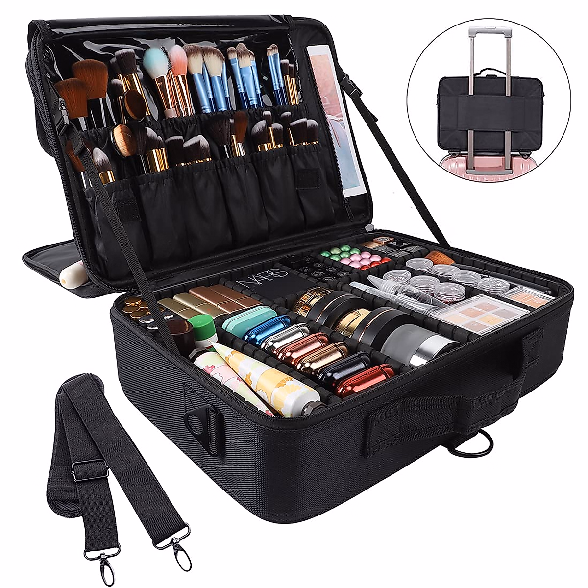 gzcz Large Capacity Travel Makeup Train Case 16.5 Inches Professional Makeup Cosmetic Case Portable Artist Cosmetics Brushs Organizer Storage Bag With Adjustable Dividers And Shoulder Strap (Black)