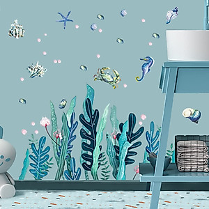 2 Sheets Under The Sea Wall Decals Sea Turtle Wall Stickers 3D Ocean Grass Seaweed Wall Decals for Kids,Room,Bathroom,Bedroom,Nursery,Home Wall Decoration,Toilet,Kitchen