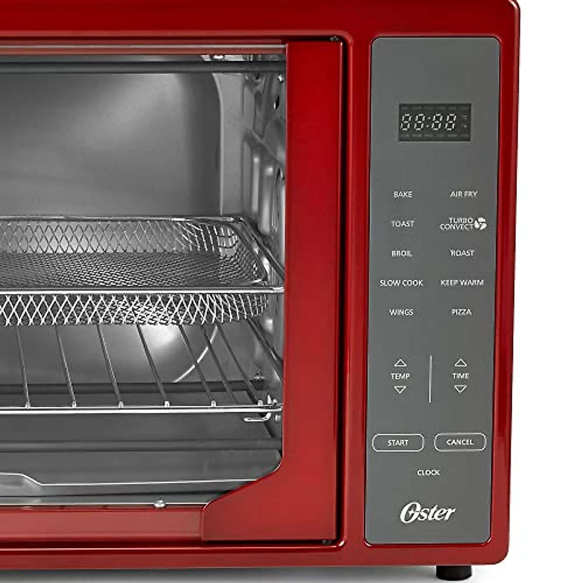 Oster Extra Large Single Pull French Door Turbo Convection Toaster Oven with 2 Removable Baking Racks, 60-Minute Timer, & Adjustable Temperature, Red