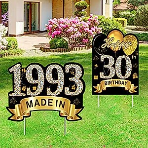 2Pcs Black Gold 30th Birthday Yard Sign Decorations for Men Women, Happy 30 Birthday Made in 1993 Lawn Sign Party Supplies, Thirty Birthday Outdoor Lawn Decor with Stakes