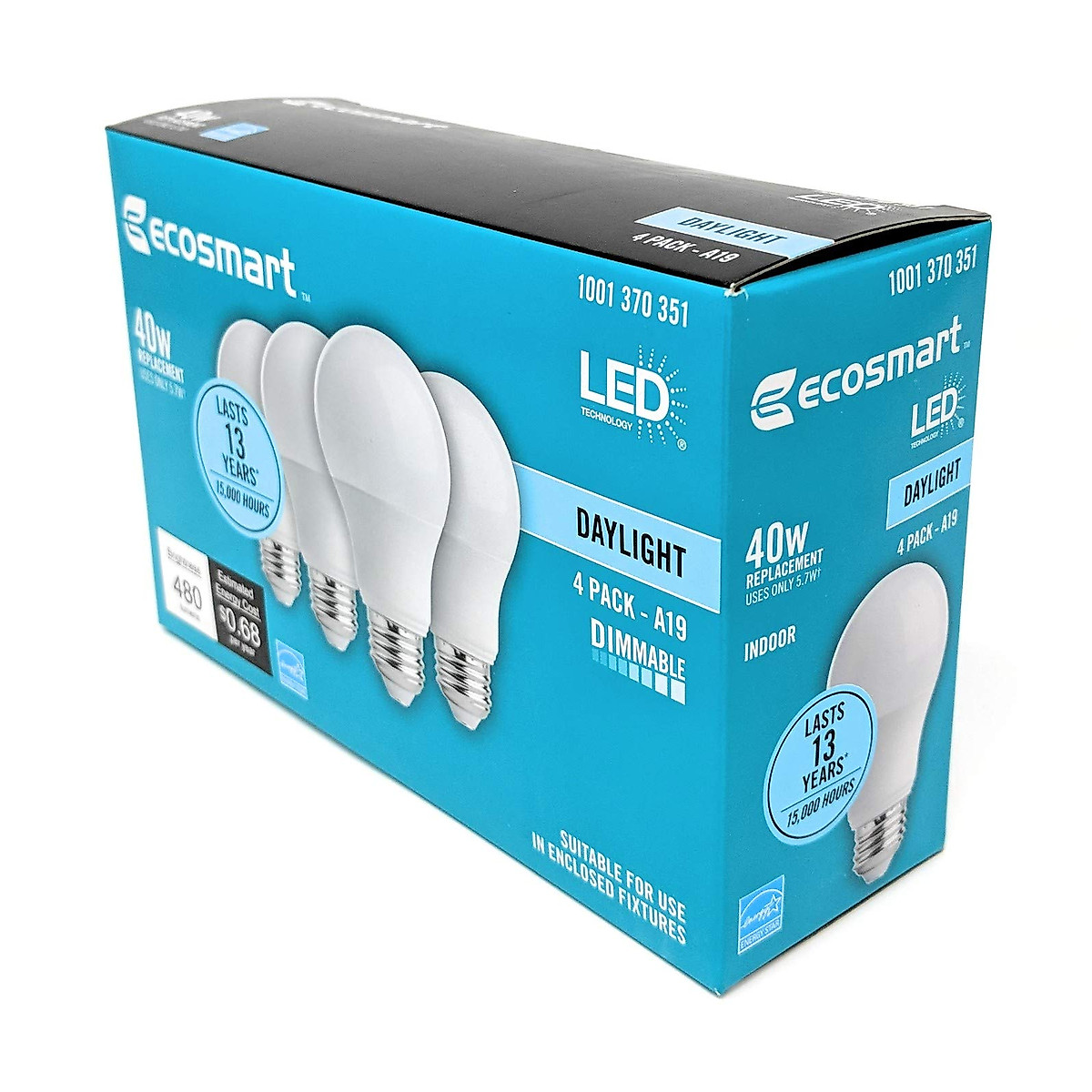 EcoSmart 40W Equivalent Daylight A19 Energy Star + Dimmable LED Light Bulb (4-Pack)