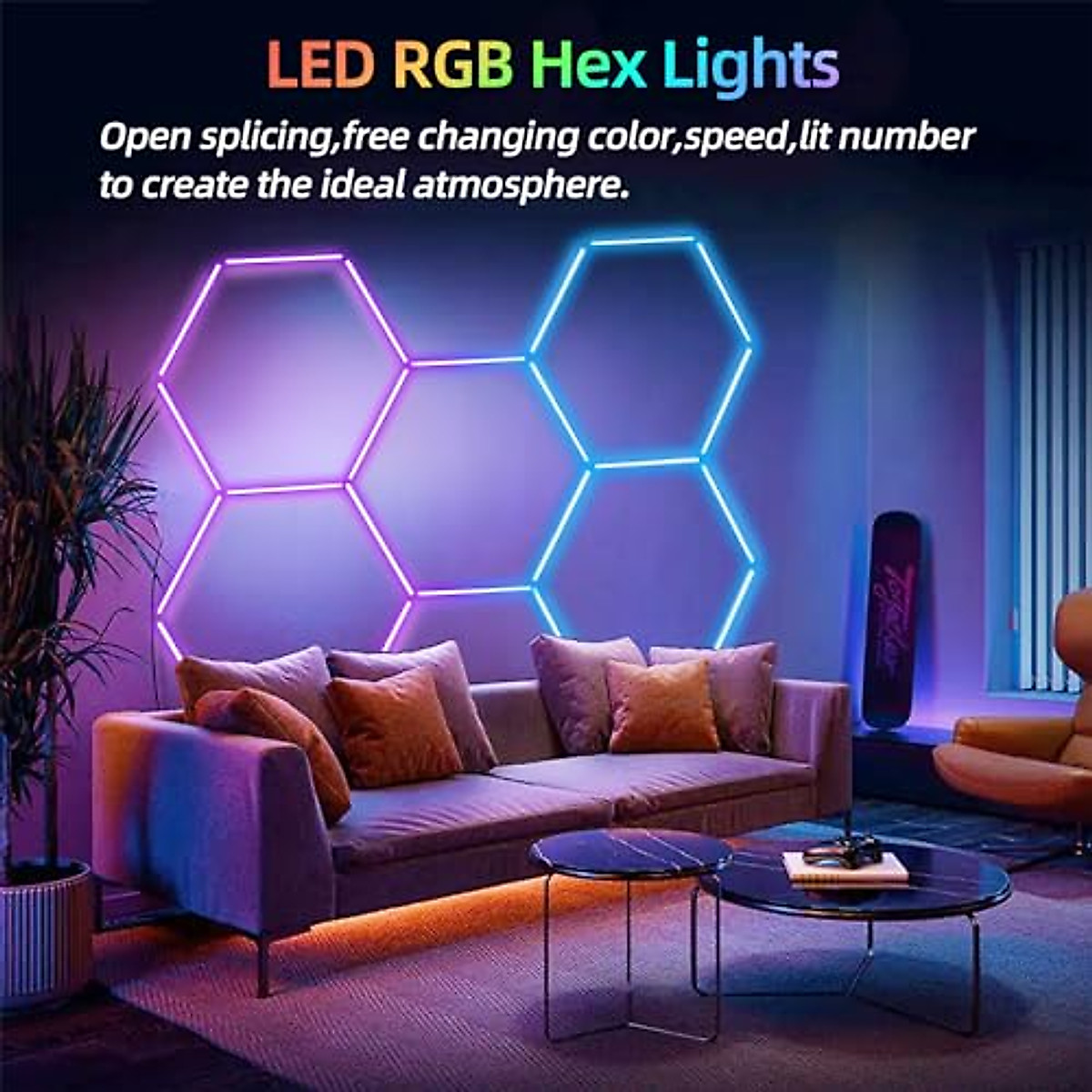 SCONPARK RGB Hexagon Garage Lights,Dimmable LED Hexagon Lights,Large Size Hex Lights for Wall/Ceiling,DIY 358 Modes,Aluminum Base,3 Pin,for Garage Gym Gaming Room Music Room Studio