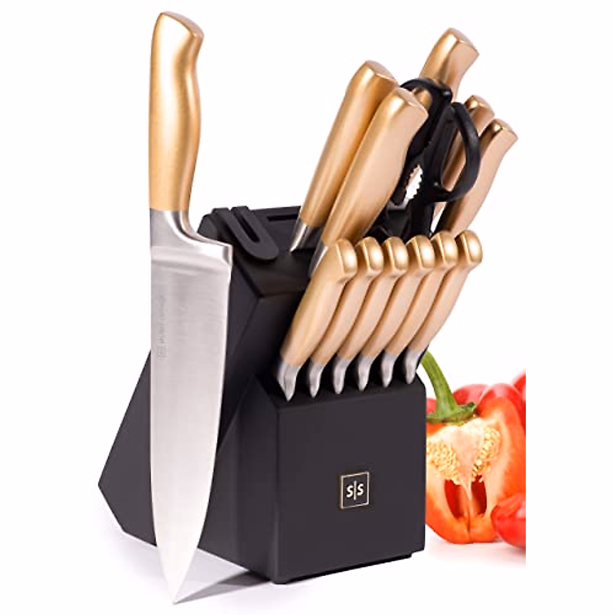 Black and Gold Knife Set With Block - Gold Handle Knife Set with Self Sharpening Kitchen Knife Holder - Black and Gold Kitchen Accessories