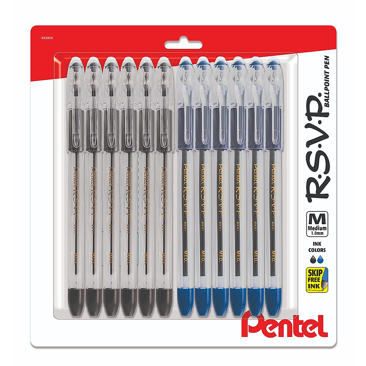 Pentel RSVP medium point pens - ballpoint - 1.0mm - 12 Pack Of 6 Blue And 6 Black Ink Pens