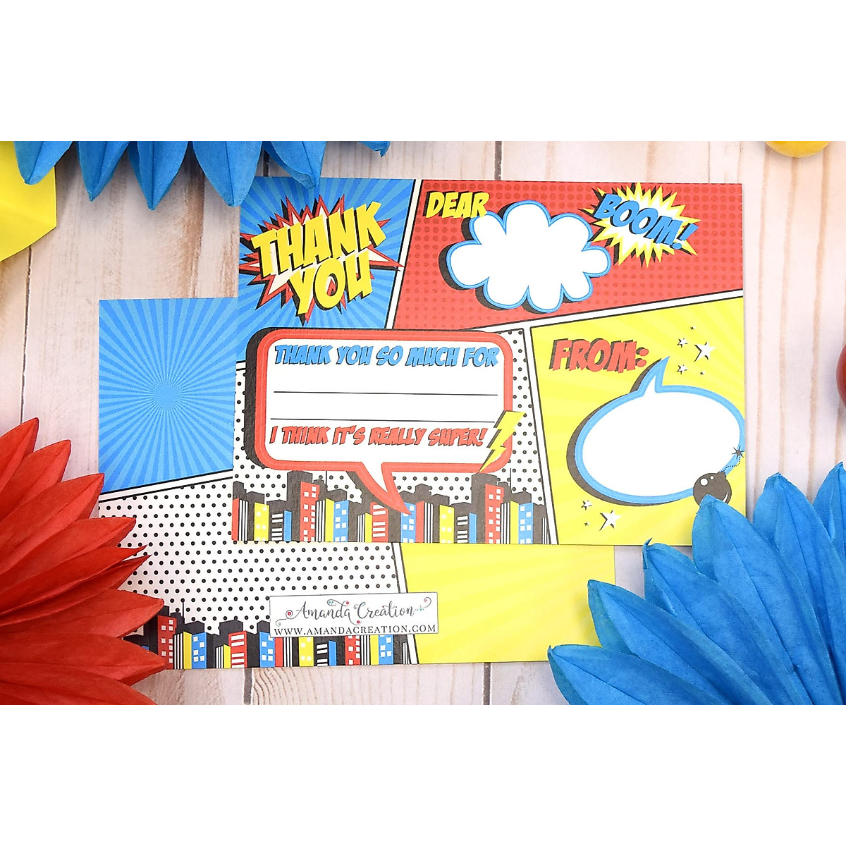 Comic Book Super Hero Birthday Thank You Notes, Ten 4" x 5.5" Fill In The Blank Cards with 10 White Envelopes by AmandaCreation