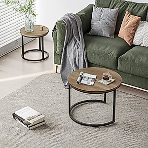 Smuxee Nesting Coffee Table Set of 2, 23.6" Round Coffee Table Wood Grain Top with Adjustable Non-Slip Feet, Industrial End Table Side Tables for Living Room Bedroom Balcony Yard