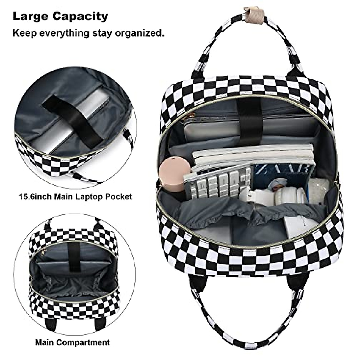 Kouxunt Checkered Laptop Backpack College Bookbag School Backpack for Women Girls, Travel Backpack 15.6 Inch Computer Backpacks