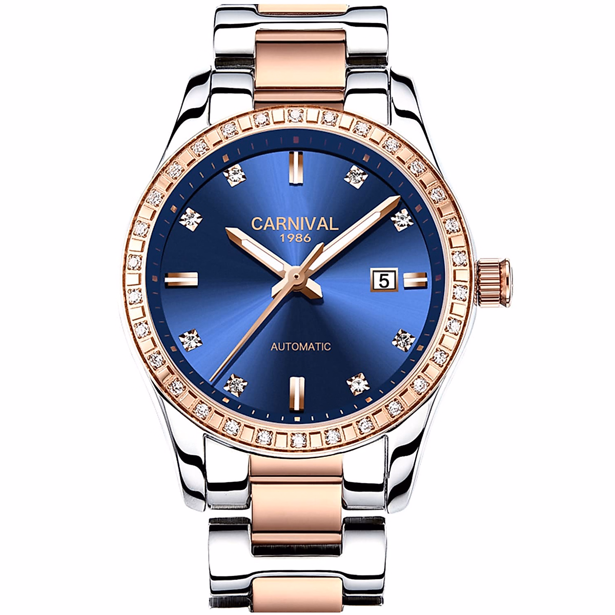 Women's Diamond Automatic Mechanical Rose Gold Stainless Steel Sapphire Waterproof Lady's Elegant Blue Watch (blue dial)