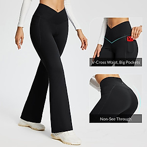 BALEAF Flare Leggings for Women Yoga Pants Trendy Bell Bottom Leggings Crossover High Waist Wide Leg Pants with Pockets Black 29/'' XS, Soft