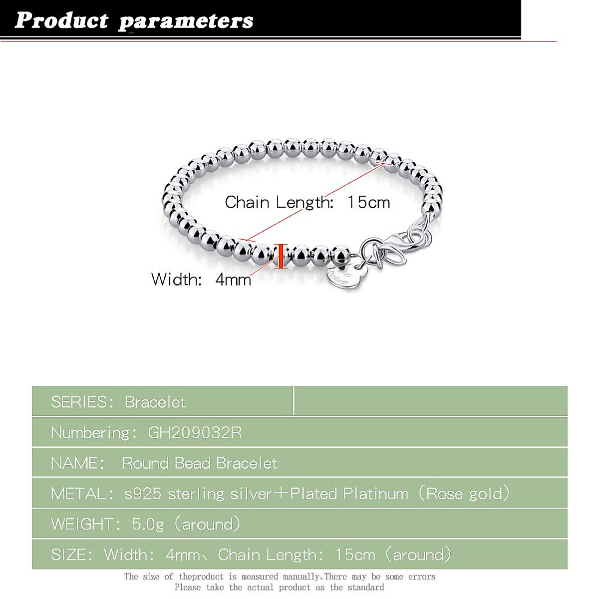 Dankadi New Women's 925 Sterling Silver Bracelet Minimalist 4-6MM Round Bead Chain Solid Silver Bracelet Charm Jewelry Lobster Claw Clasp (Silver 4mm16cm)