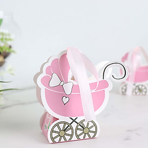 Efavormart 25 Pack | Pink Baby Paper Stroller Party Favor Gift Boxes, Cardstock Carriage Candy Boxes with Ribbon Ties - 4.5"x2"x4"