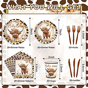 120PCS Boho Highland Cow Party Supplies for Boys girls Holy Cow Highland Themed Baby Shower Birthday Party Decorations Disposable Tableware Set Plates Napkins Cups Set for 20 Guests