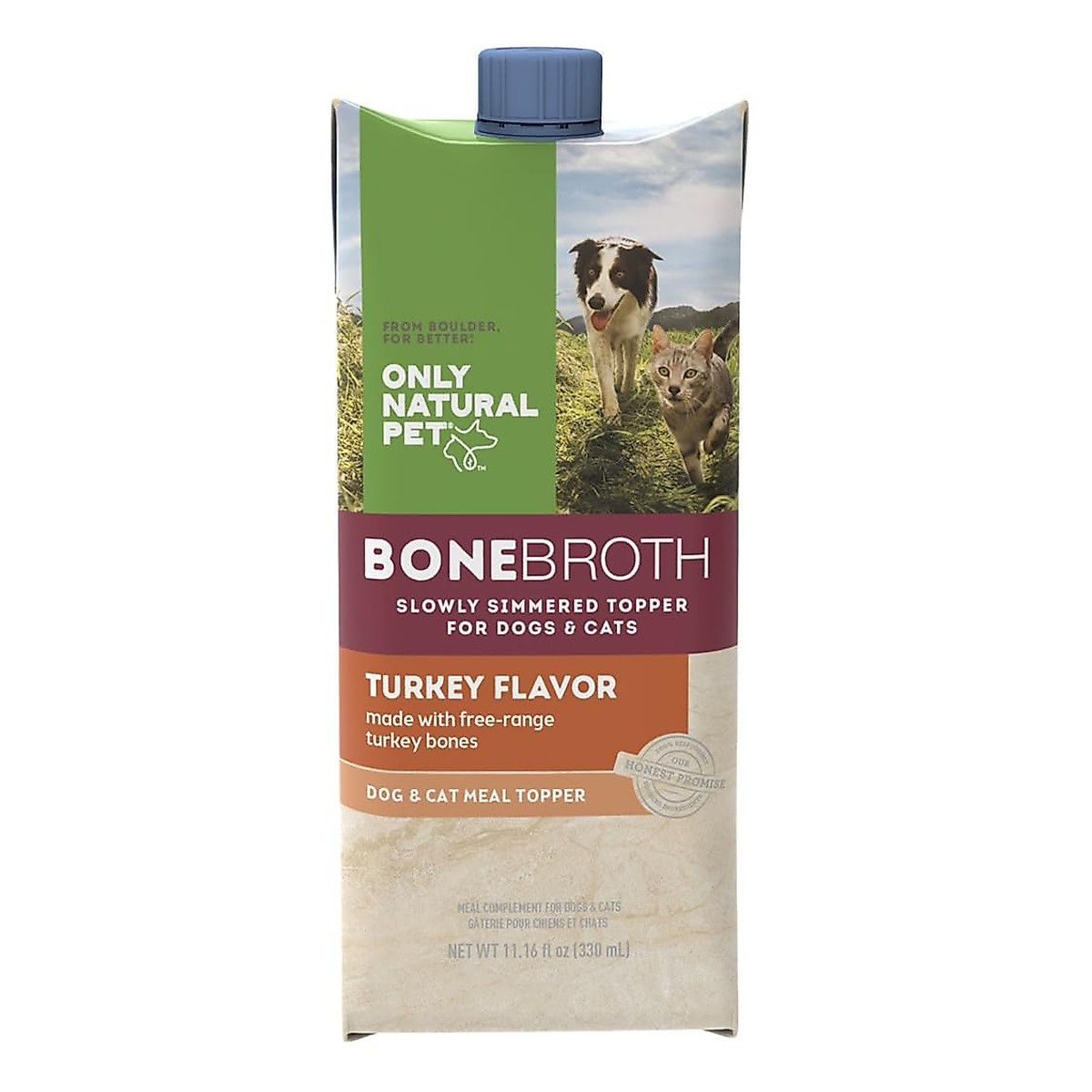 Only Natural Pet Bone Broth Turkey Flavor Dog & Cat Meal Topper, 100% Human-Grade Slow-Simmered, Free-Range for Dry Food or to Hydrate Dehydrated Food - (2-Pack / 11.16 oz Each)