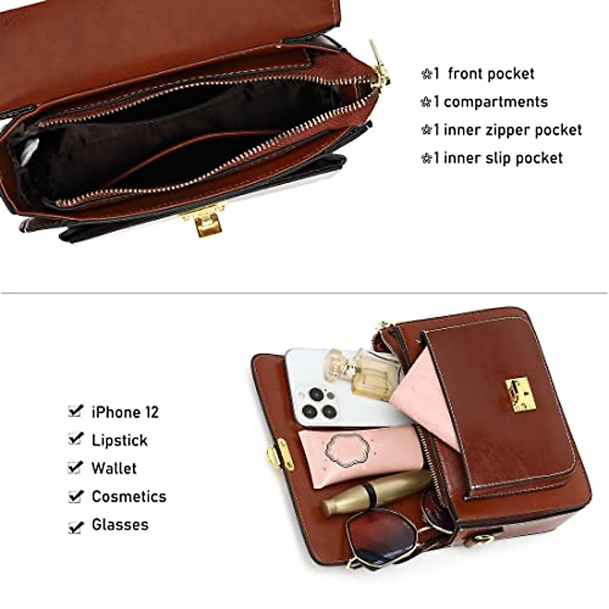 LL LOPPOP Small Retro Split Genuine Leather Crossbody Shoulder Bag for Women, Clutch Square Purses Handbags with Two Adjustable Straps 204204