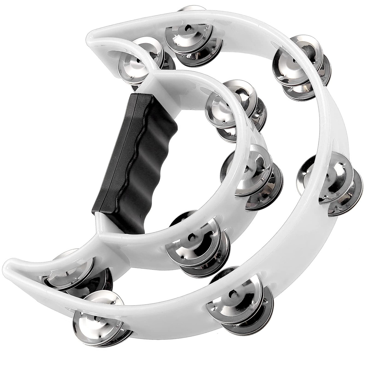 SINJEUN 4 Pack 10 Inch Double Row Tambourine, Metal Jingles Hand Held Percussion with Ergonomic Handle, 4 Colors Half Moon Musical Tambourine for Beginner, Church, KTV, Party