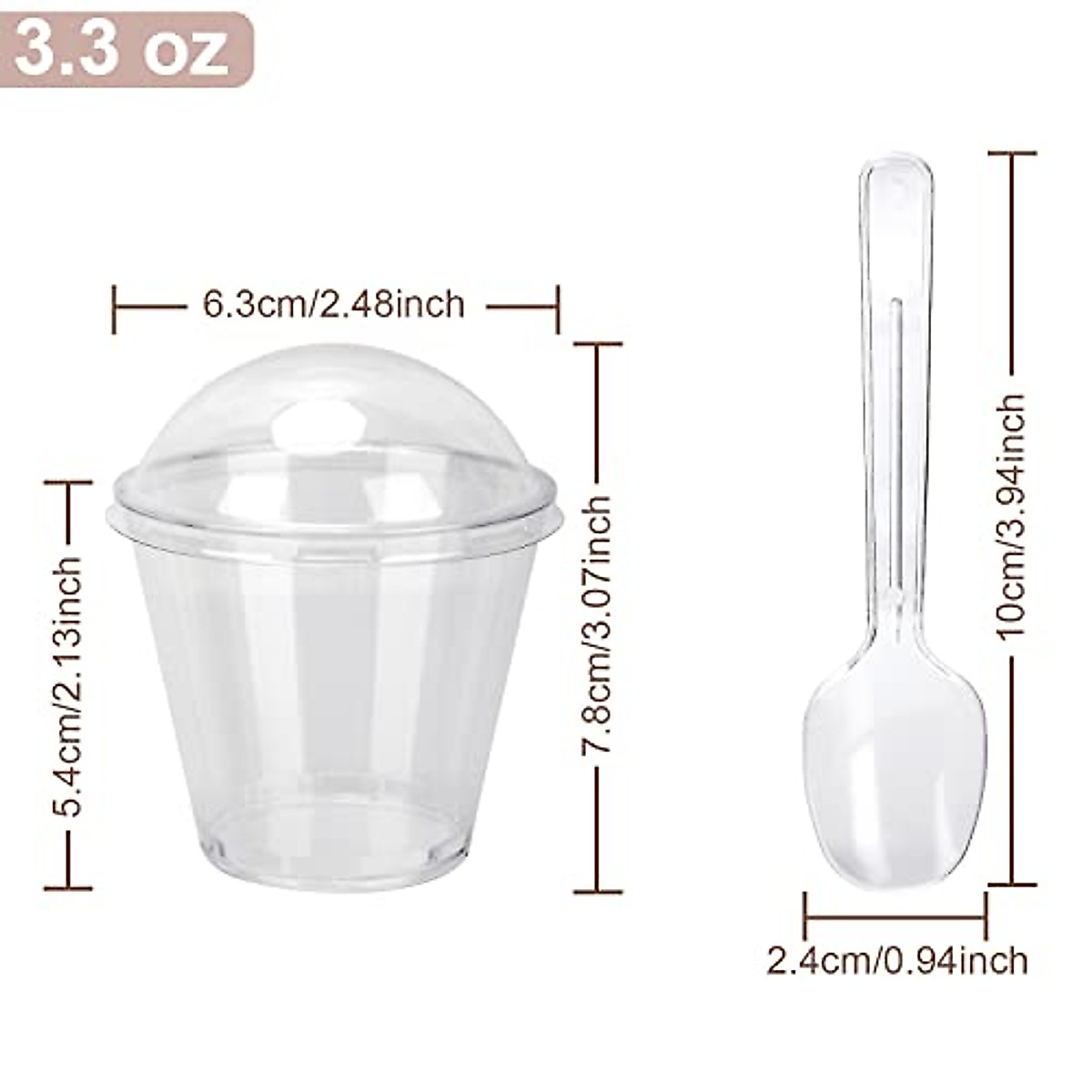 HawHawToys Dessert Cups with Dome Lids and Spoons, 100 Pack 3 OZ Round Mini Plastic Parfait Cups for Party Individual Desserts, Appetizers Serving (3 oz, 100)