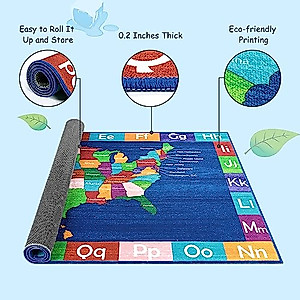 LIVEBOX USA Map ABC Baby Play Mat for Kids Room, 3x5 Ft Alphabet Washable Classroom Rug, Kids Playroom Rug for Educational, Non-Slip Baby Crawling Mat for Nursery Room, Toddlers Room
