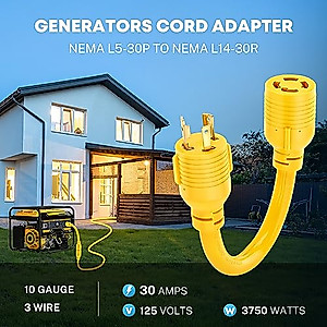 Kohree NEMA L5-30P to L14-30R Adapter Cord, 3 Prong to 4 Prong Generator Adapter, STW 10 AWG 12", 30 Amp L5-30P Male Generator to L14-30R Transfer Switch Female Adapter