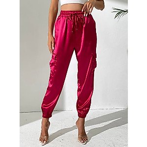 Women's Satin Cargo Joggers Pants Dressy Casual Silky Elastic High Waist Trousers Hot Pink