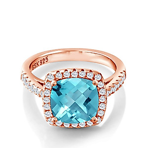 Gem Stone King 3.25 Ct Cushion Checkerboard Swiss Blue Topaz White Created Sapphire 18K Rose Gold Plated Silver Ring (Size 7)