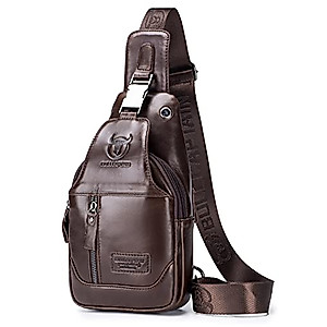 BULLCAPTAIN Genuine Leather Sling Chest Bag Multi-pockets Men Crossbody Bag Travel Casual Small Shoulder Backpack (Dark brown)