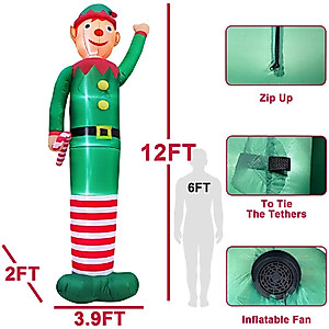 TURNMEON 12 Foot Giant Christmas Inflatable Elf, Christmas Decoration Outdoor Blow Up Elf Holds Candy Cane with Tethers Stakes LED Lighted Holiday Xmas Decoration Outside Yard Lawn Garden Home Party
