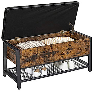VASAGLE Industrial Storage Bench, Bed End Stool with Padded Seat and Metal Shelf, Sturdy Steel Frame, 39.4”L x 15.7”W x 18.5”H (100 x 40 x 47 cm), Rustic Brown + Black