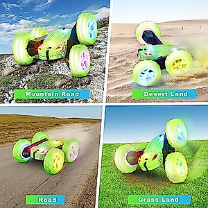 OrrenteRemote RC Cars, Remote Control Car with Wheel Lights and Headlights, Double Sided 360° Rotating RC Car, 4WD RC Truck for 6 Year Old Boy Gifts 2.4Ghz Stunt Kids Toy Car for Boys Girls (Green)