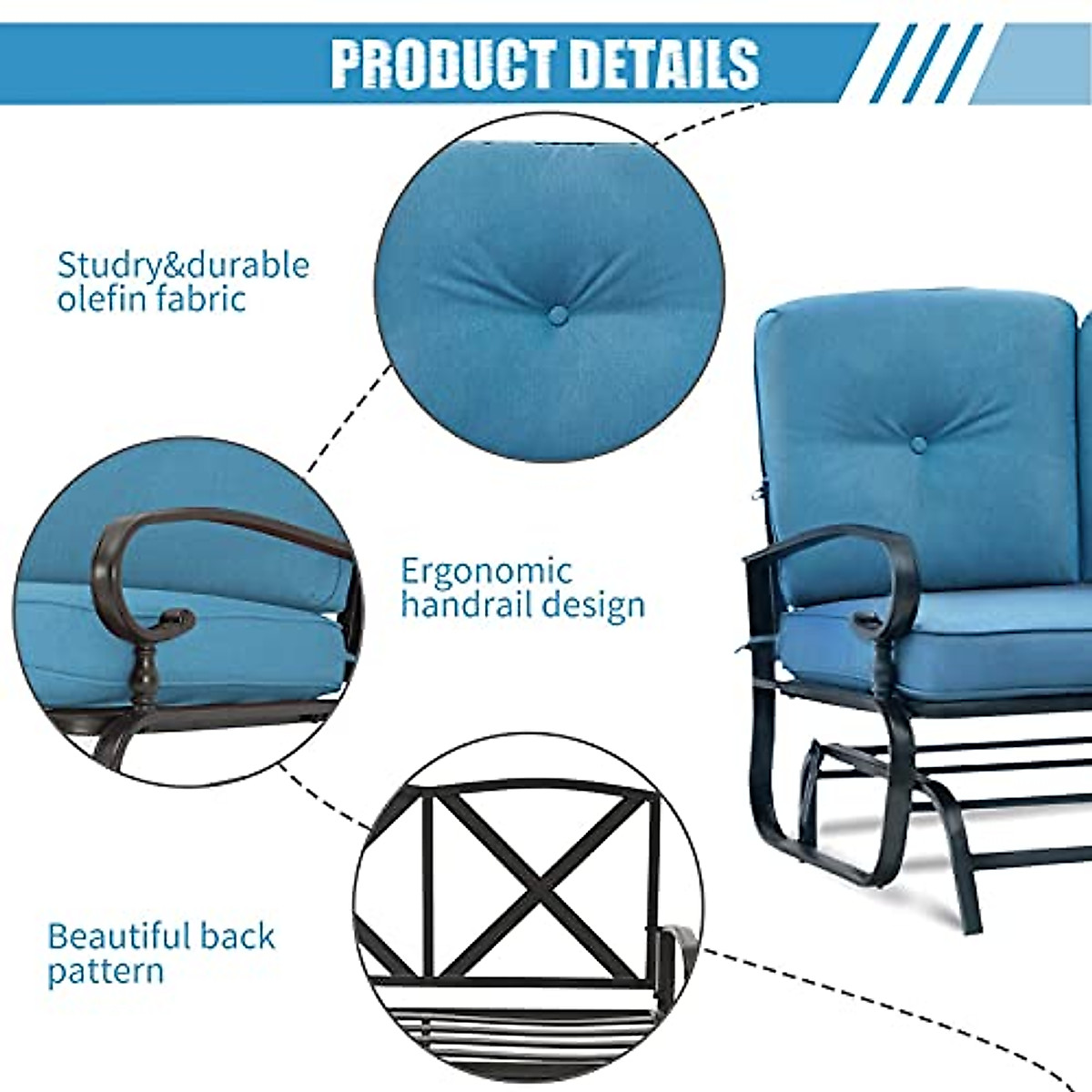 Omelaza Patio Bench, Porch Glider Outdoor Swing Glider Rocking Loveseat, Steel Frame Chair with Thick Cushion (Peacock Blue)