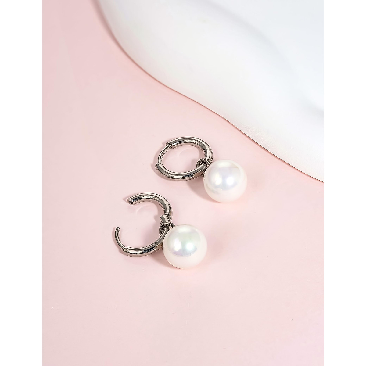 Limerencia Hypoallergenic Pure Titanium Post Lightweight Dangle Huggie Earrings for Women | Vertical Bar, Cross, Moon, Lightning | Dainty Earrings (10mm Pearl)