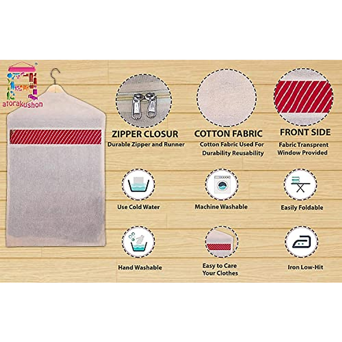 atorakushon 100% Cotton Hanging Saree Covers Clothes Storage Bag 26 x 18 Inches Bigs size Cloth Wardrobe Organizer for Storage Garment Set of 9 Off white