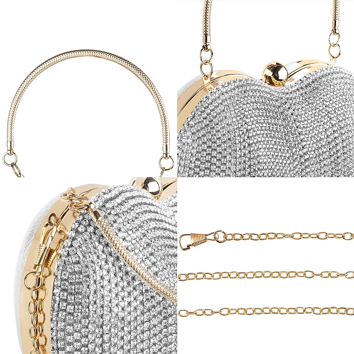 Women Heart Shape Crystal Tassel Evening Clutch Bag, Single-Sided Rhinestones Lady Party Wedding Crossbody Shoulder Ring Handle Handbag (Not Compatible with Phone) (Silver)