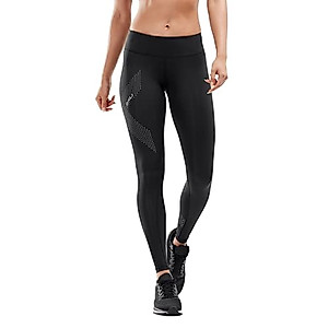 2XU Women's Mid-Rise Compression Tights, Black/Dotted Reflective Logo, Large