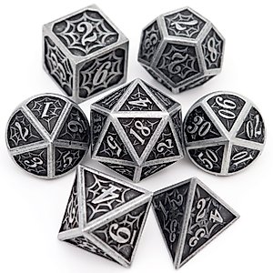Haxtec Black Metal Dice Set D&D W/Gift Leather Dice Bag Spider Web Polyhedral DND Dice for Dungeons and Dragons TTRPG Games