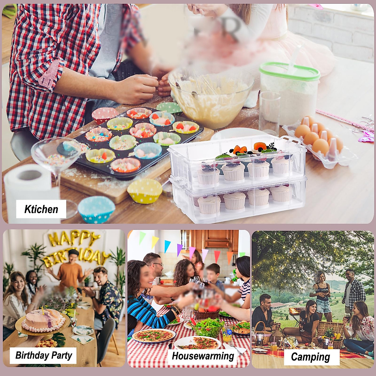 BTSKY 2 Tier Clear Plastic Cupcake Holder with Lid & Handles, Portable Cupcake Carrier for 24 Cupcakes, Stackable Cupcake Storage Container with Convenient Slot Tray Large Plastic Storage Box, White