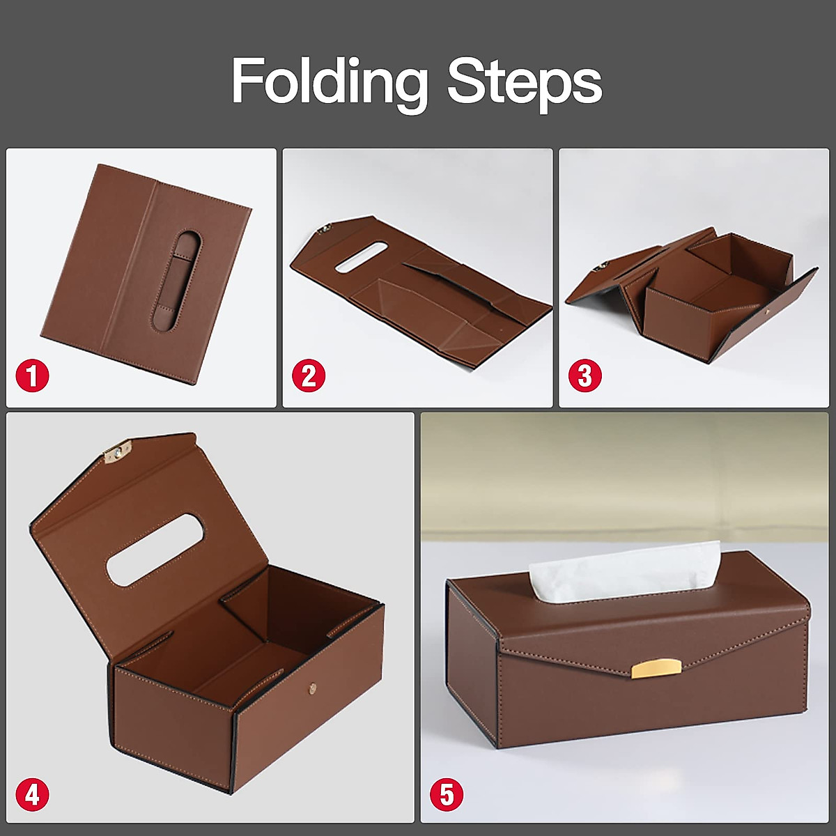 MEIBOOCH Foldable Tissue Box Cover Rectangular Leather Tissue Box Holder with Magnetic Closure (3.6 inches high, Brown)