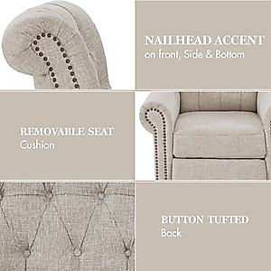 Madison Park Aidan Recliner Chair - Solid Wood, Plywood, Roled Back Button Tufted Accent Armchair Modern Classic Style Family Room Sofa Furniture, Cream