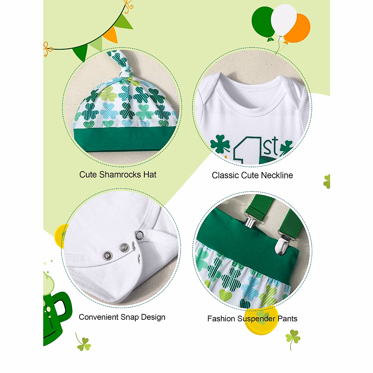 AGAPENG St Patricks Day Baby Boy Outfit Baby St Patricks Day Outfit Boy 0-3 Months My First St Patricks Day Baby Boy Outfit Long Sleeve Romper Shamrocks Suspenders Pants Hat