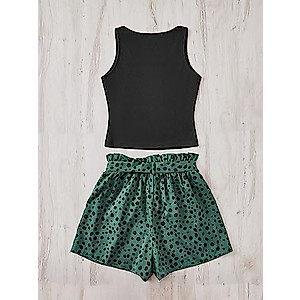 SOLY HUX Women's 2 Piece Outfits Summer Scoop Neck Tank Top and Allover Print Belted Shorts Set Black and Green XL