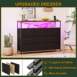 Qupui Tall Dresser with Charging Station and LED Lights, 36'' Tall Dresser tv Stand for up to 55 Inch TVs, 9 Fabric Drawer Dressers for Bedroom, Sitting Room, Hallway, Black