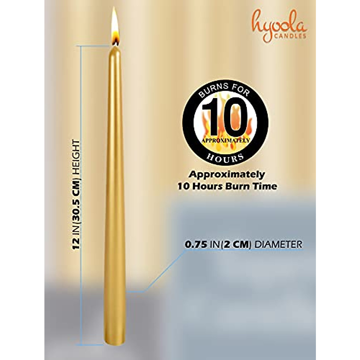 12 Pack Tall Metallic Taper Candles - 12 Inch Gold Painted Metallic, Dripless, Unscented Dinner Candle - Paraffin Wax with Cotton Wicks - Individually Wrapped -by Hyoola