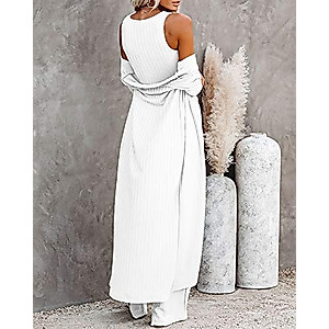 Fessceruna 3 piece Lounge Sets for Women Outfits Loungewear Long Kimono Cardigan Crop Tank Top Loose Pants A-white