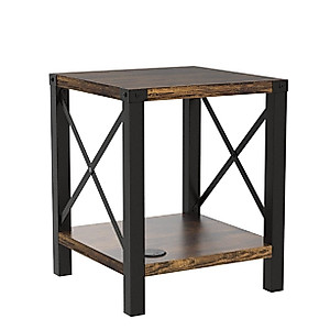 Okvnbjk Rustic End Table with Charging Station, Nightstand Side Table with Wireless Charger Pad & USB Port, Suitable for Living Room, Bedroom, Office, Small Spaces, Rustic Brown