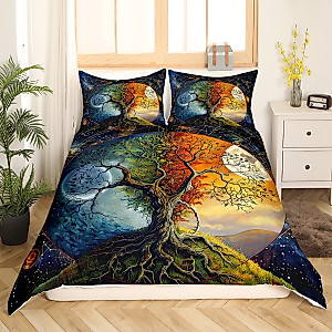Feelyou Tree of Life Duvet Cover Queen Size Sun and Moon Bedding Set for Kids Psychedelic Galaxy Comforter Cover Set Teens Decor Constellations Bedspread Cover Zipper Closure