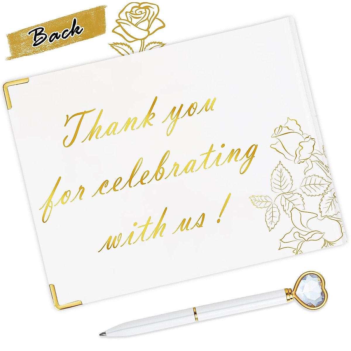 JEWPHX Guest Book with Pen– 9"x7" Hardcover 120 Page/60 Sheets-Gold Foil Gilded Edgesfor Guests to Sign at a Wedding, Party, Baby or Bridal Shower(White)