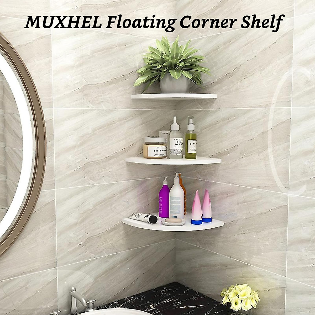 MUXHEL 4 Pcs Floating Corner Shelf with Mounting Accessories, Wooden White Round Corner Wall Shelves, Wall Mounted Corner Storage Shelf for Bathroom, Bedroom, Living Room