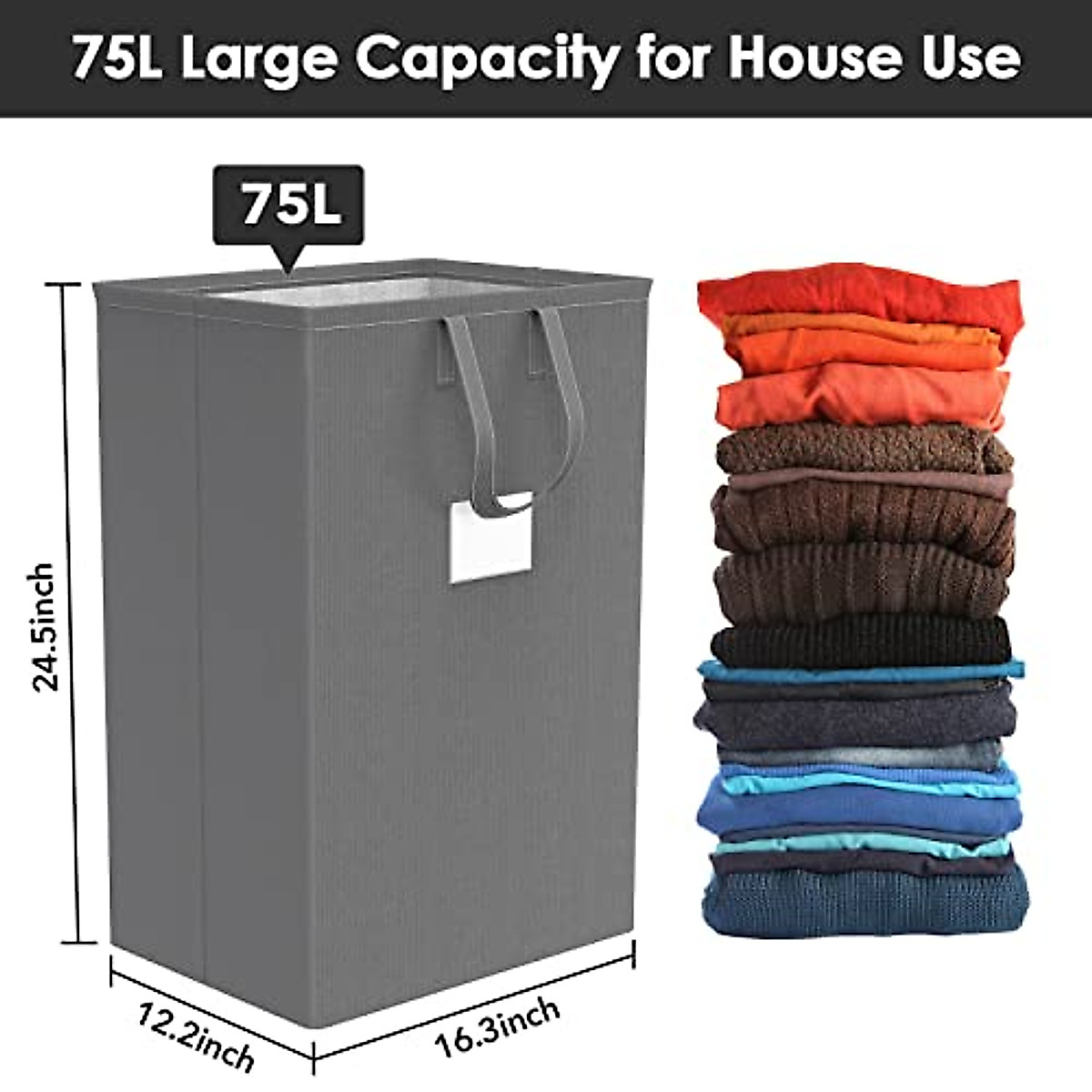 75L Large Laundry Hamper with Handles, Dirty Clothes Hamper for Bedroom Waterproof, Freestanding Tall Laundry Basket Waterproof, Hamper for Bedroom, Bathroom, Dorm, Toys Storage(Grey）