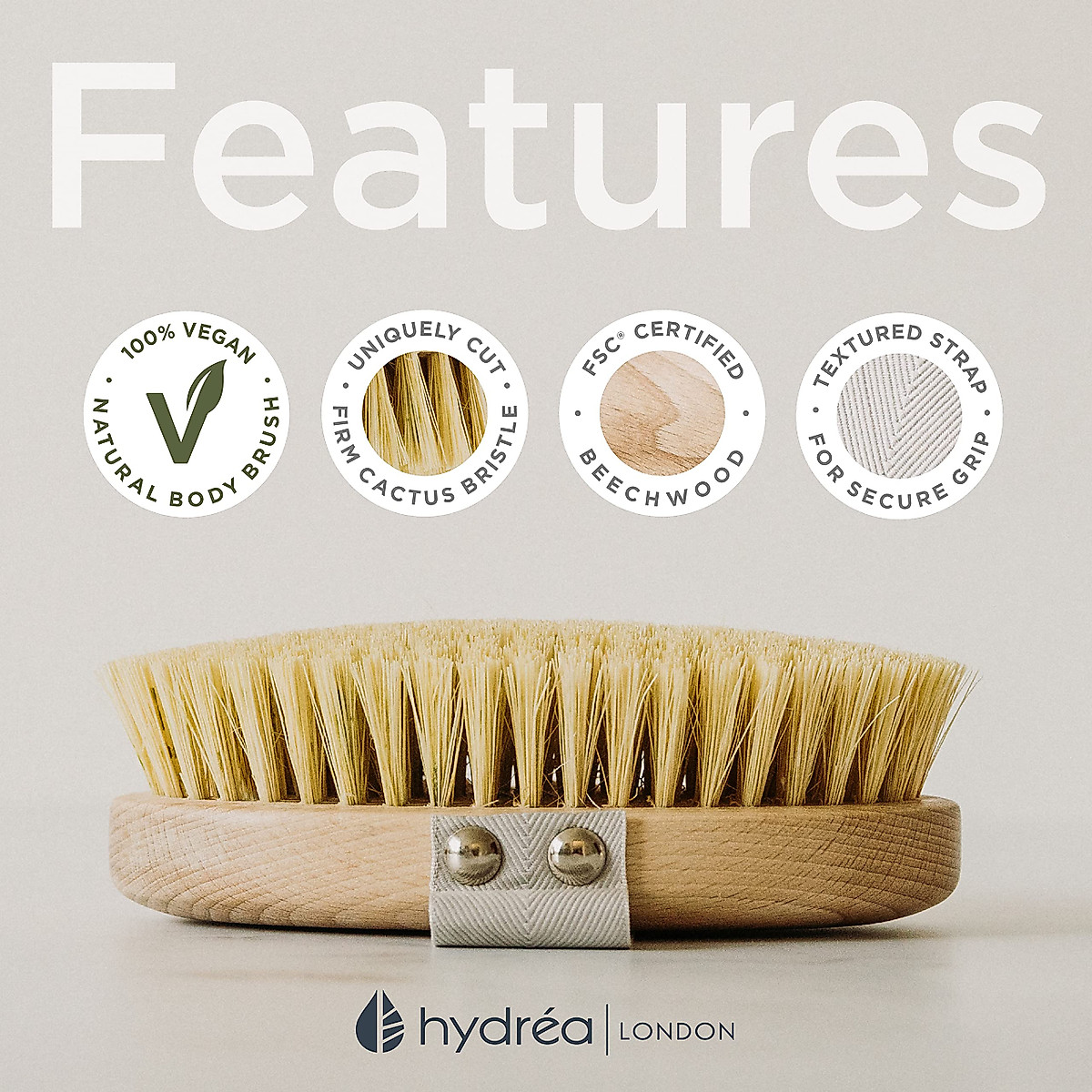 Hydrea London Dry Brushing Body Brush with Cactus Bristle - Dry Brush for Skin, Cellulite Remover, Vegan Best Dry Brush for Flawless Skin, Helps Improve Lymphatic Drainage - FSC® Certified Beechwood.